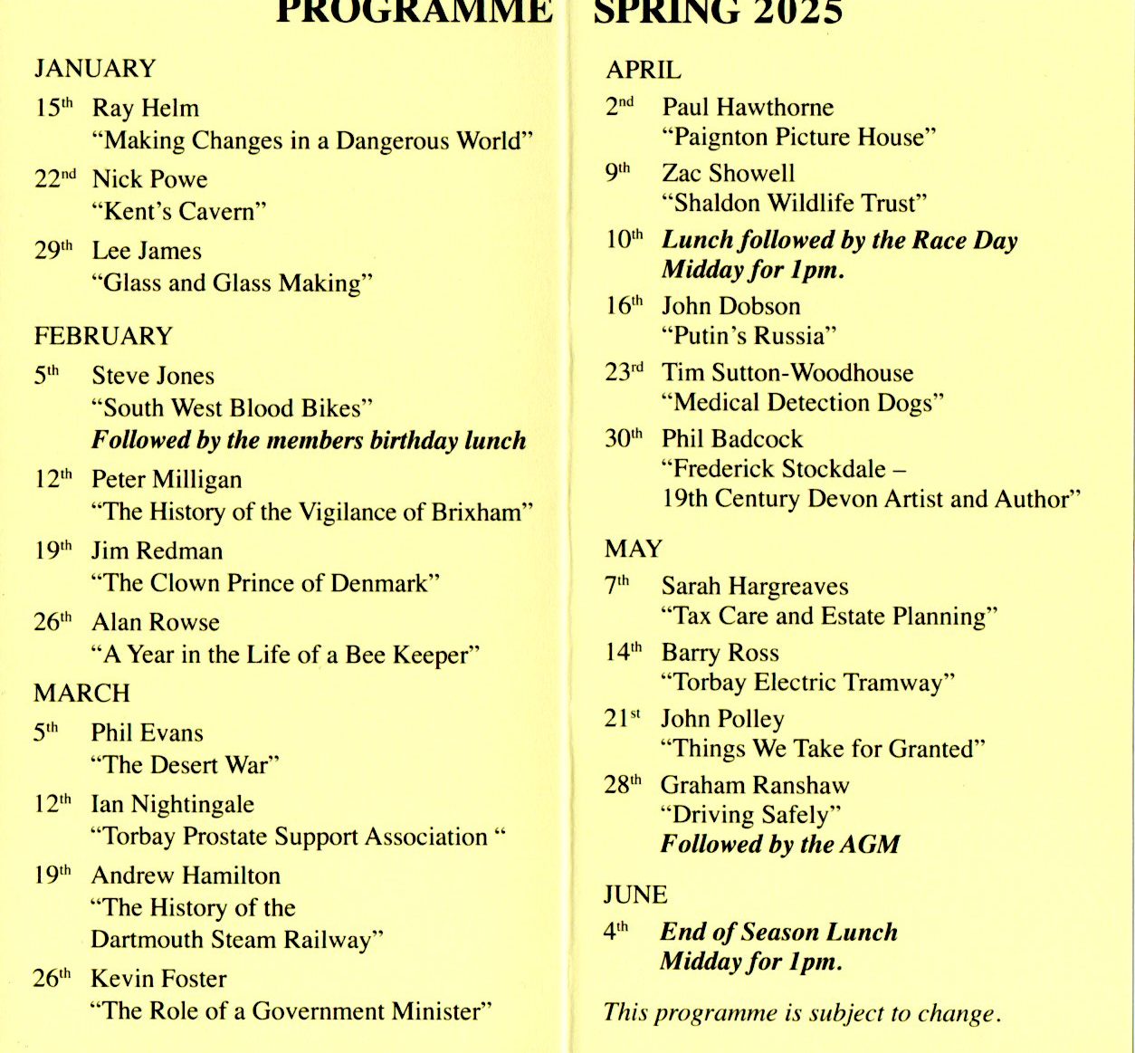 Programme Spring 2025 – Paignton Probus Club